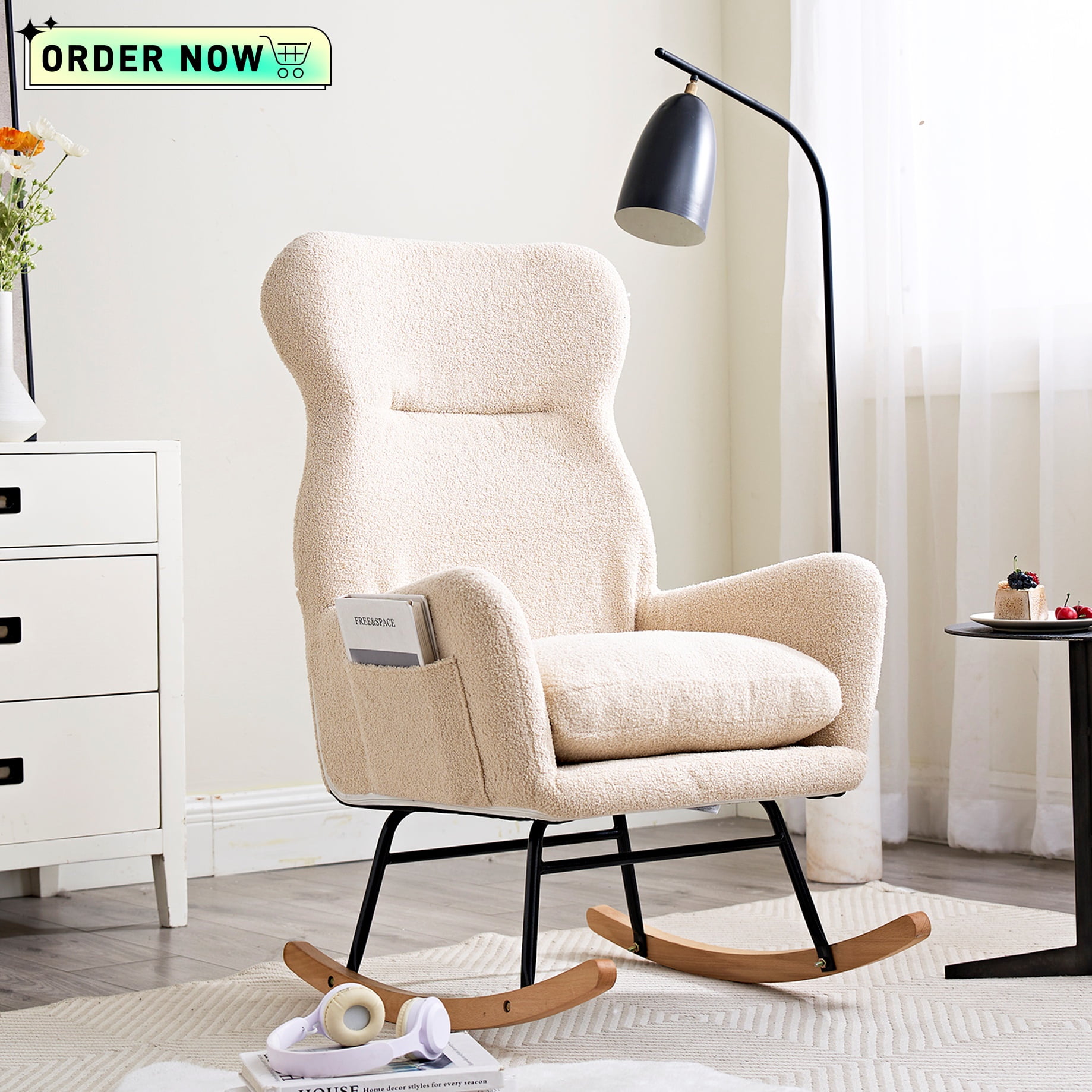 Tcbosik Rocking Chair with Side Pocket, Upholstered Teddy Fabric Glider ...