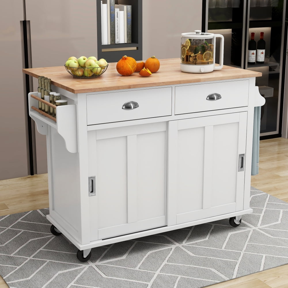 Tcbosik Rolling Kitchen Island With Drop Leaf & Rubber Wood Top, 52.2 ...