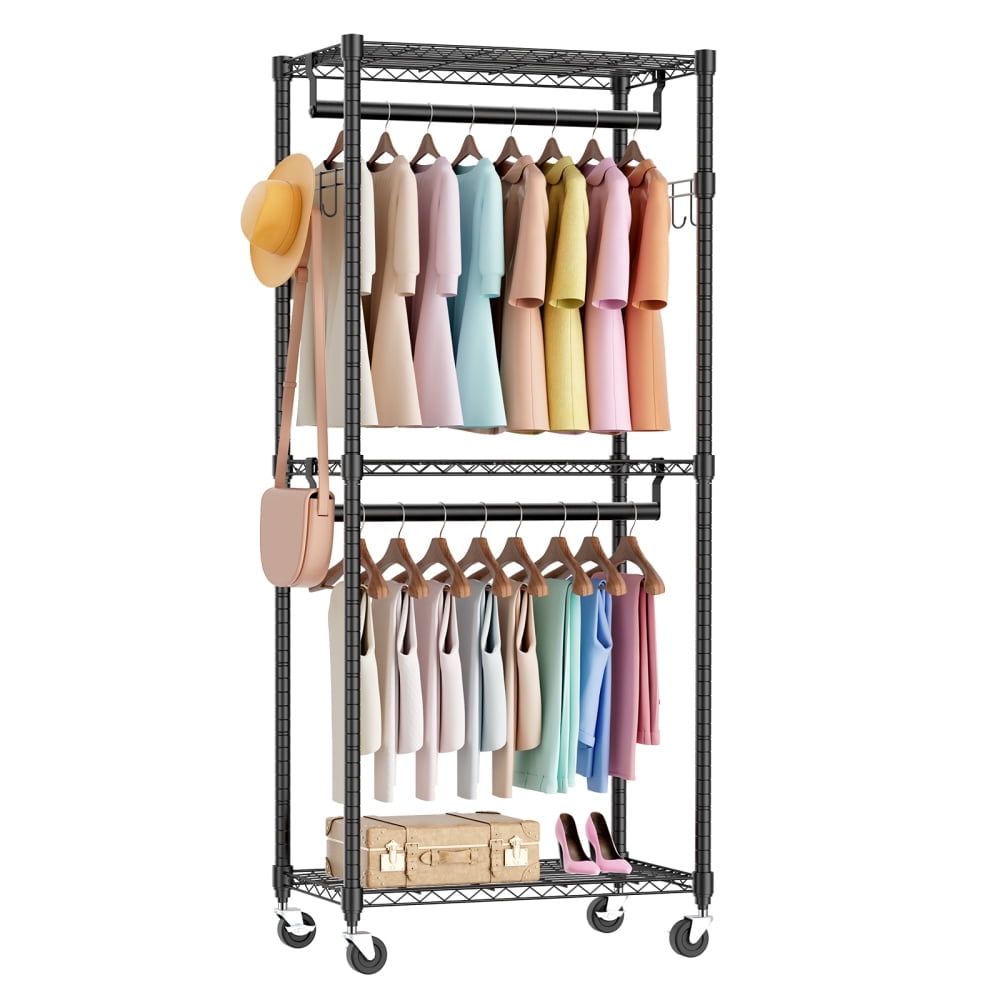 Tcbosik Rolling Metal Garment Rack, 3-Tier Clothes Rack with Double ...