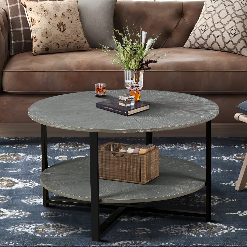 Tcbosik Round Coffee Table for Small Space, 2-Tier Rustic Cocktail ...