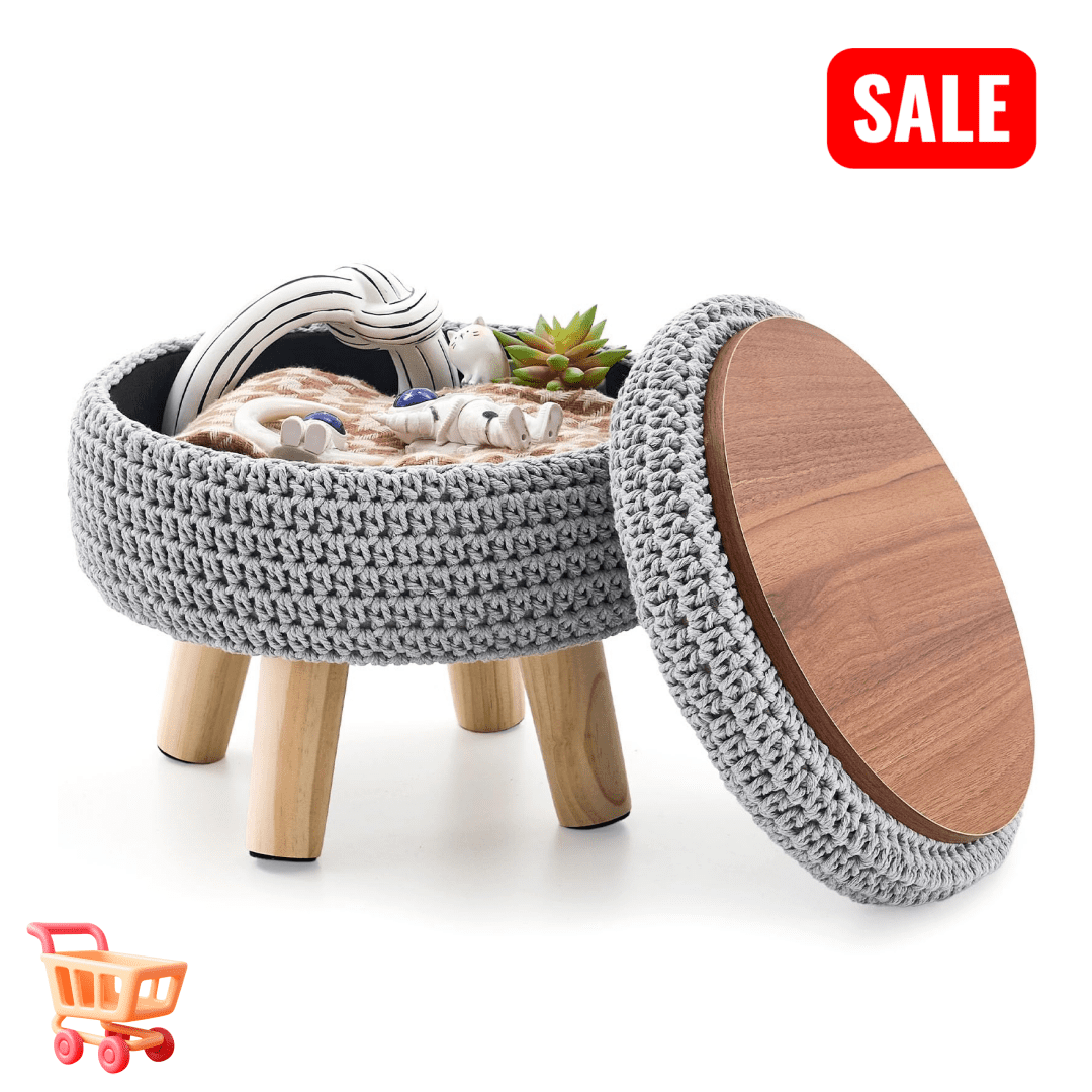 Tcbosik Round Ottoman with Storage, 13 inch Upholstered Cotton Fabric ...