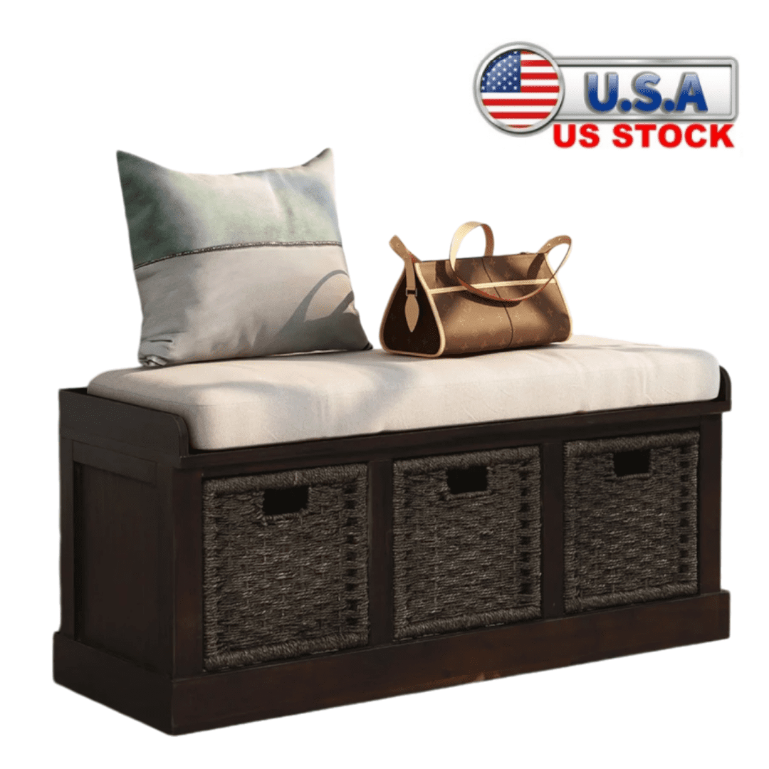 Tcbosik Rustic Storage Bench with 3 Rattan Basket, Entryway Footrest ...