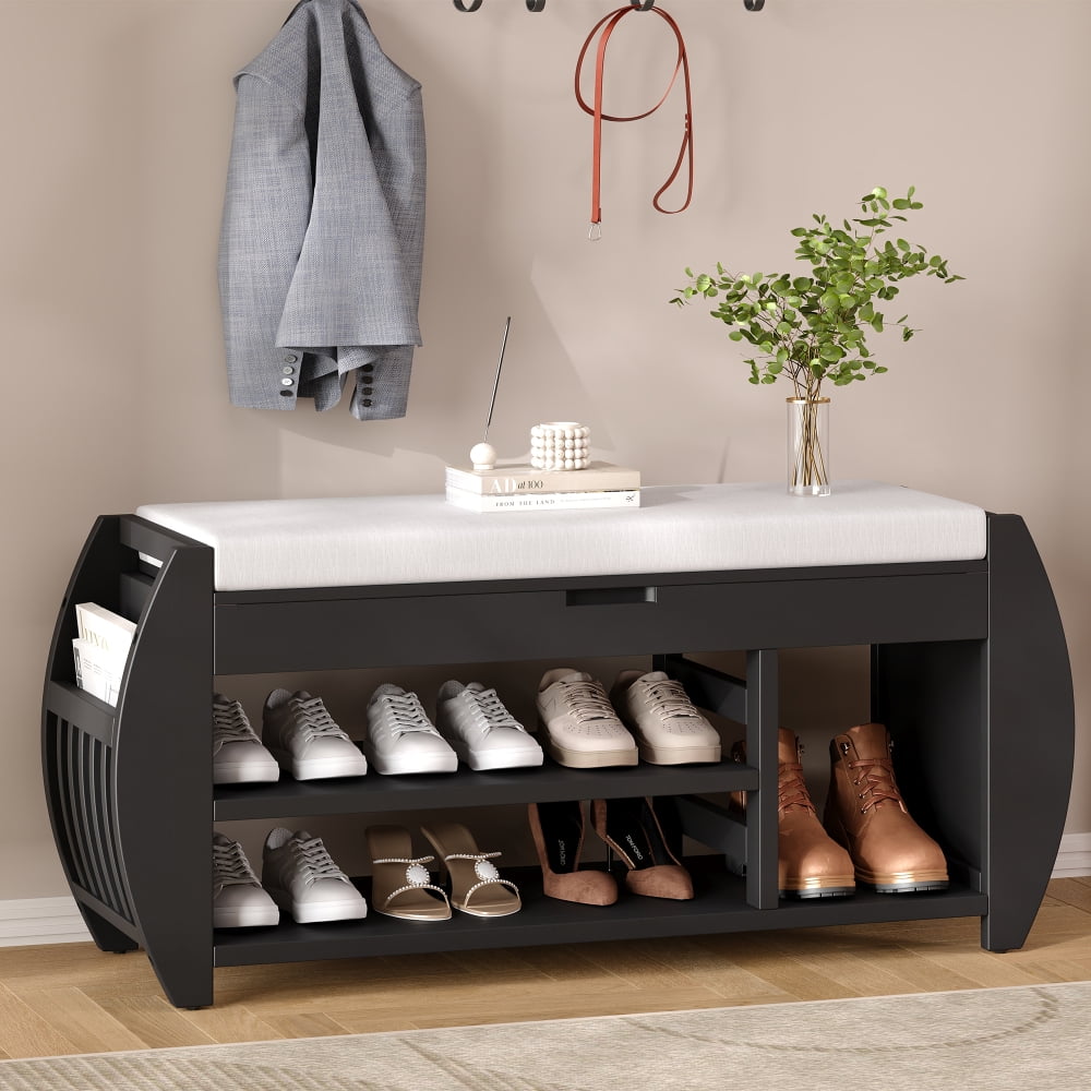 Tcbosik Shoe Bench with Cushion, Shoe Rack with Side Storage for ...