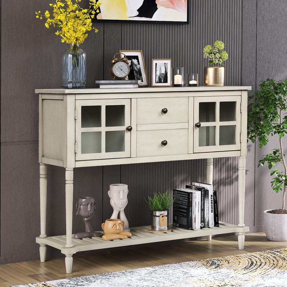 Tcbosik Sideboard Console Table With Bottom Shelf, Glass Buffet Storage ...