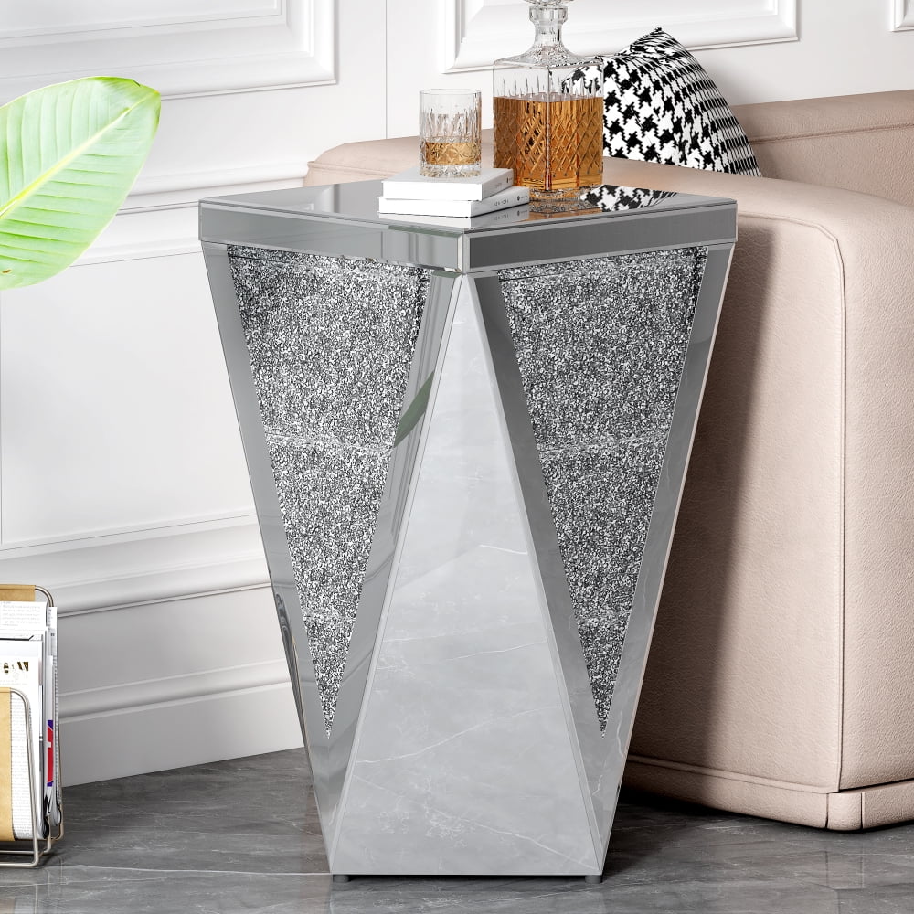 Tcbosik Silver Mirrored End Table, Crushed Diamond Side Table Accent ...
