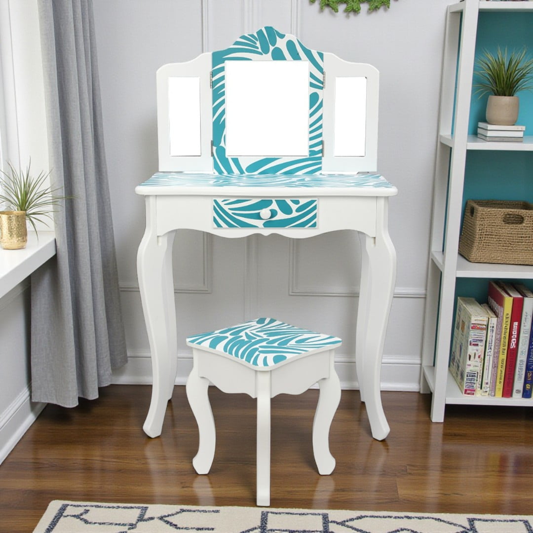Tcbosik Small Vanity Table and Stool Set with Tri-Fold Mirror and ...