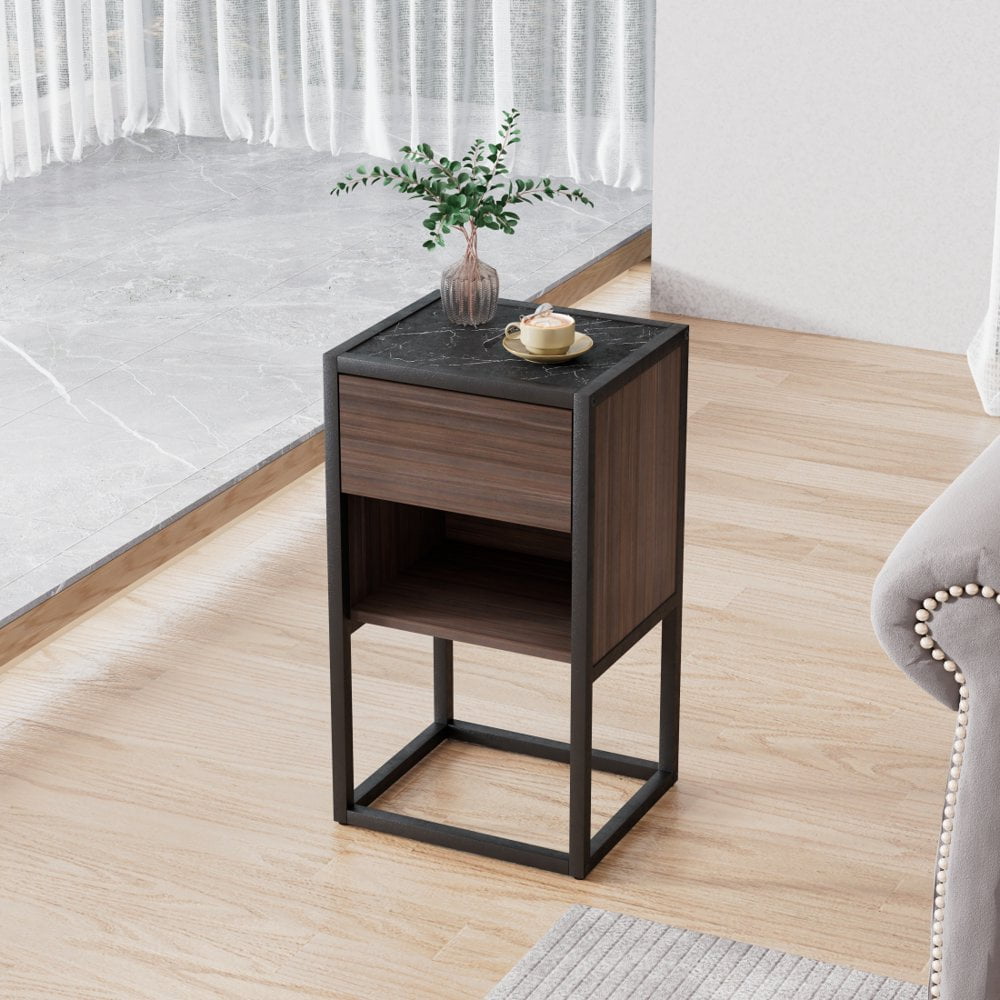 Tcbosik Square Side Table Modern Wood Storage Nightstand with Metal ...