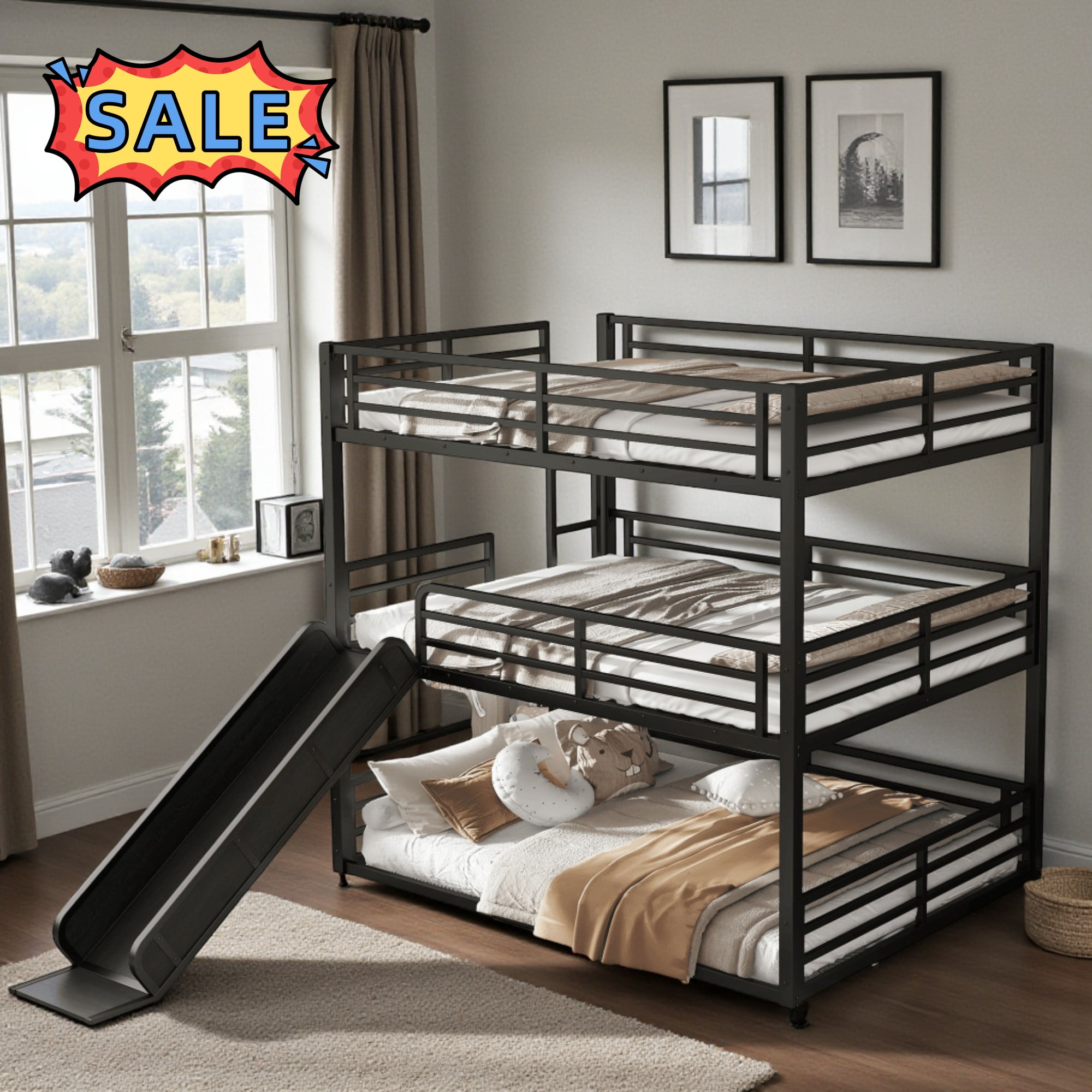 Tcbosik Triple Bunk Bed with Slide Queen Over Queen Over Queen Size ...