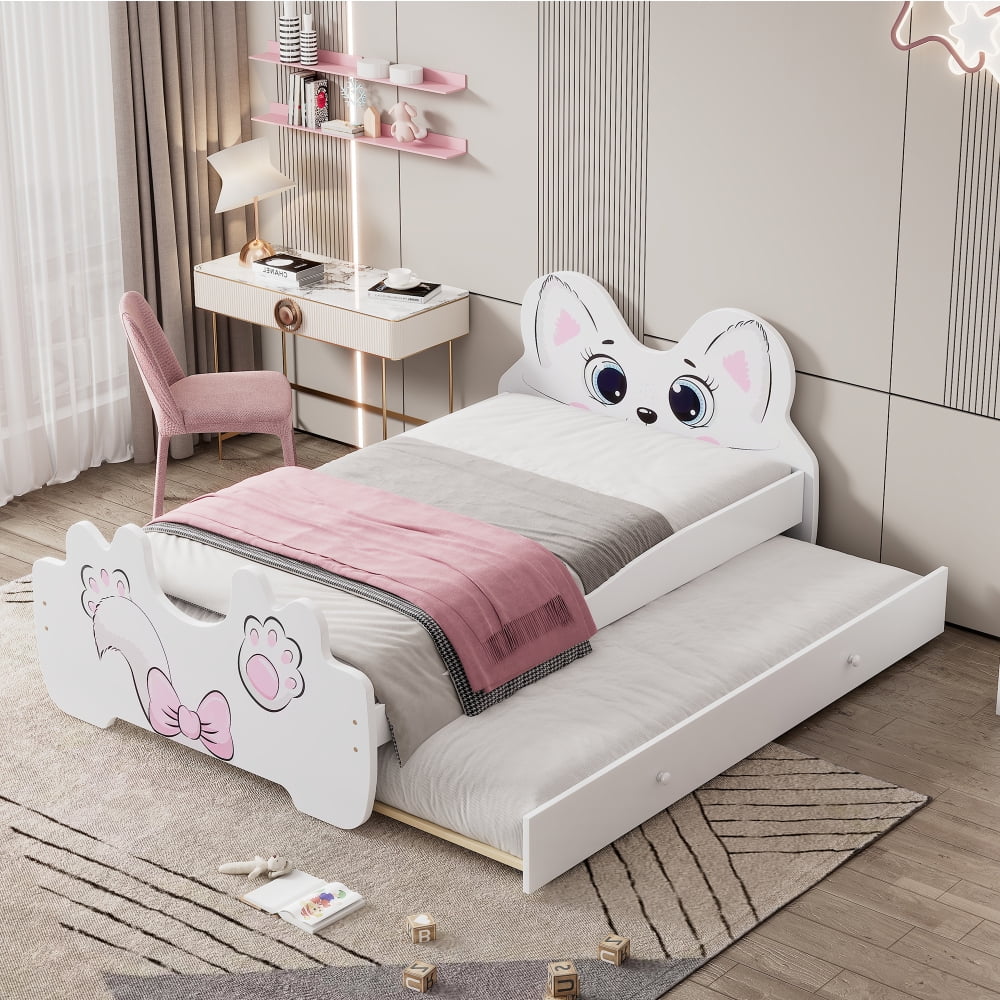 Tcbosik Twin Size Cat-Shaped Platform Bed with Trundle, Cartoon Bed ...