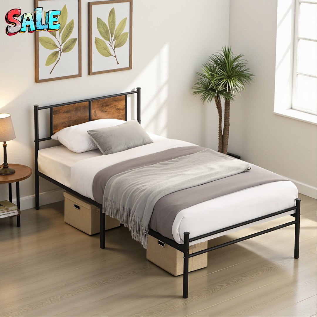 Tcbosik Twin Size Metal Platform Bed Frame with Wood Headboard and 12.2 ...