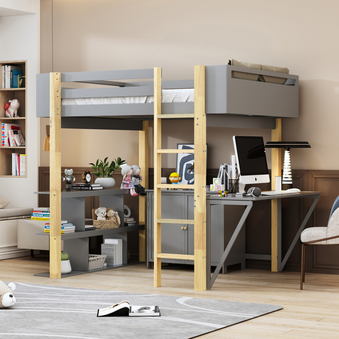Tcbosik Twin Size Wood Loft Bed with Built-in Storage Cabinet and Shelves, Multipurpose Loft ...