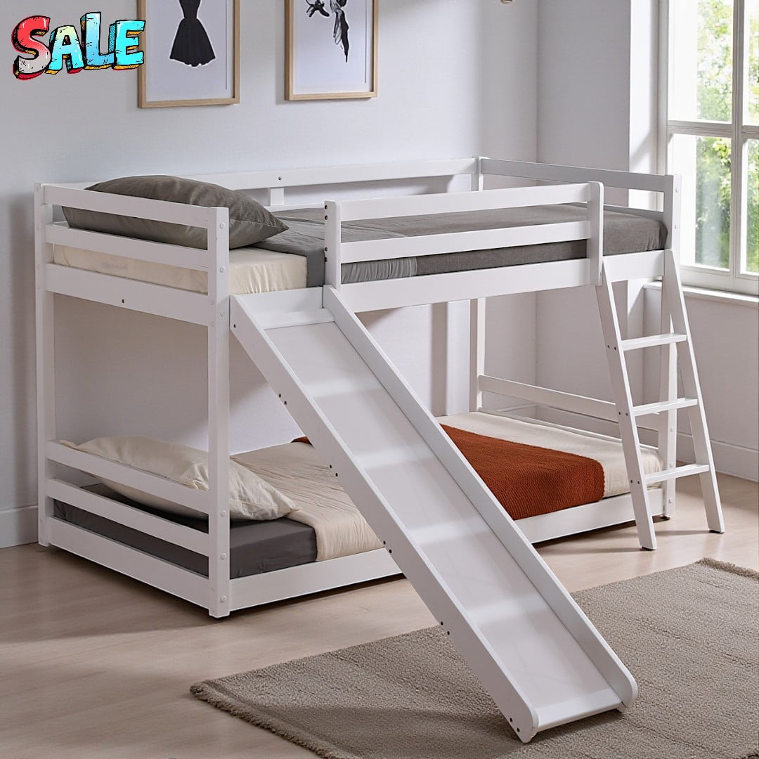 Tcbosik Twin Over Twin Solid Pine Wood Floor Bunk Bed with Ladder and ...