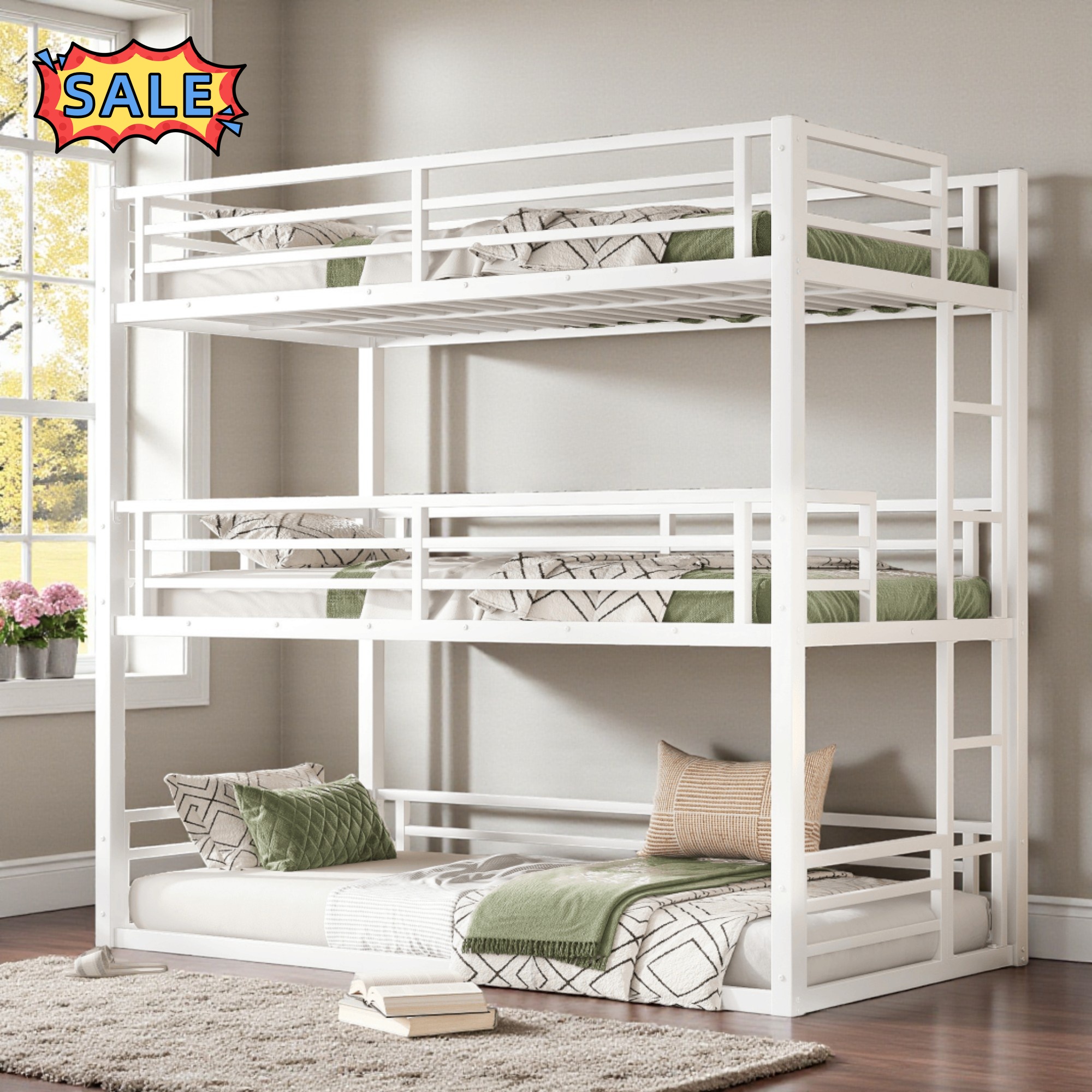 Tcbosik Twin XL/Twin XL/Twin XL Metal Triple Bunk Bed with Side Ladder ...