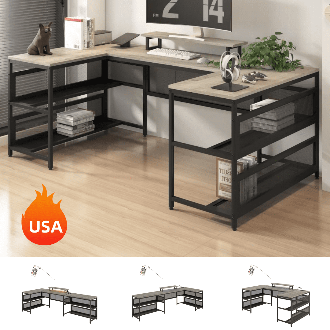 Tcbosik U Shaped Computer Desk with Charging Station and LED Light ...