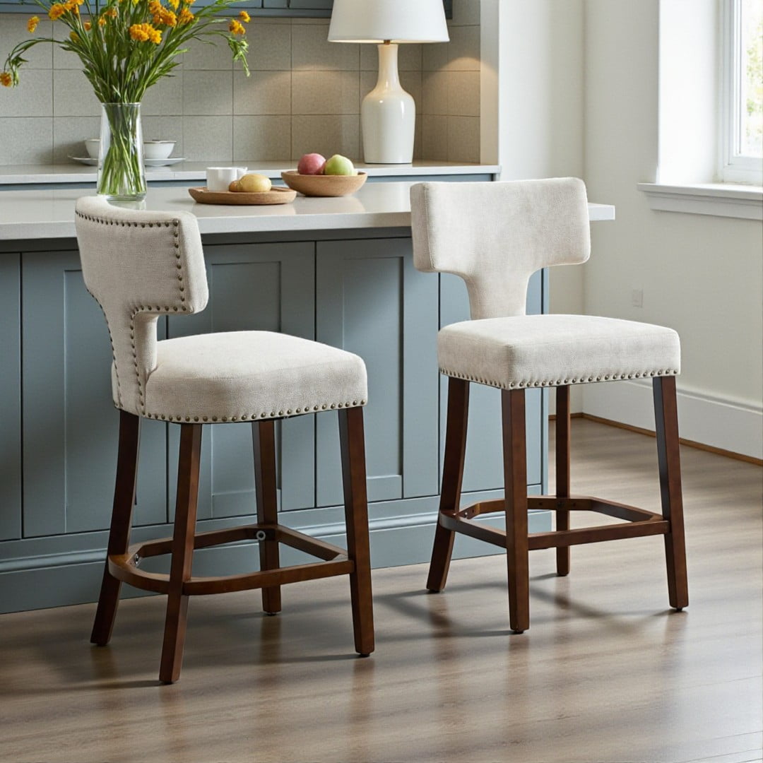 Tcbosik Upholstered Bar Stools Set of 2, Linen Fabric Counter Height ...