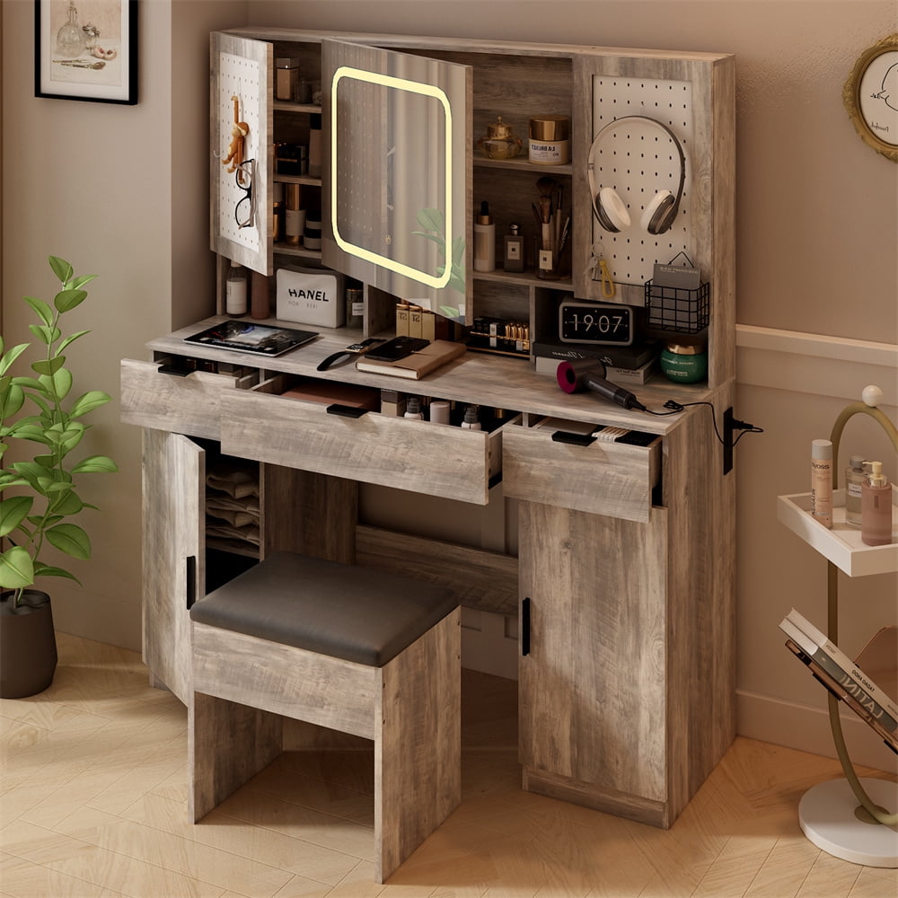 Tcbosik Vanity Desk with LED Lighted Mirror, Makeup Table with ...