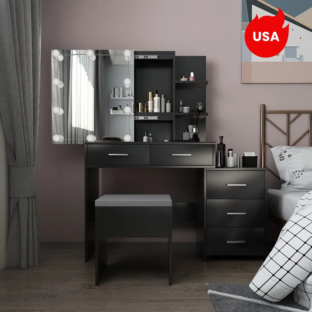 Tcbosik LED Vanity Desk with Stool, Makeup Vanity Table with Mirrored ...