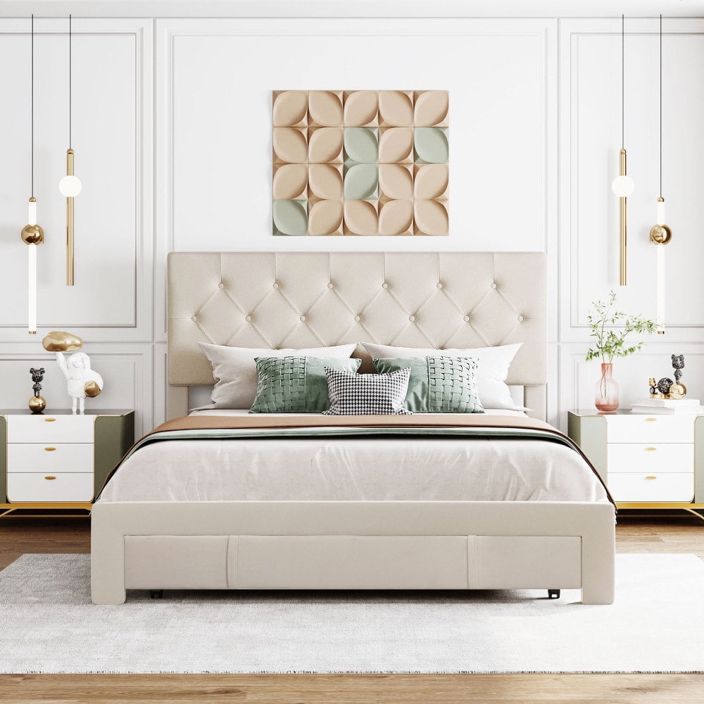 Tcbosik Velvet Storage Bed Queen Size Upholstered Platform Bed with a ...