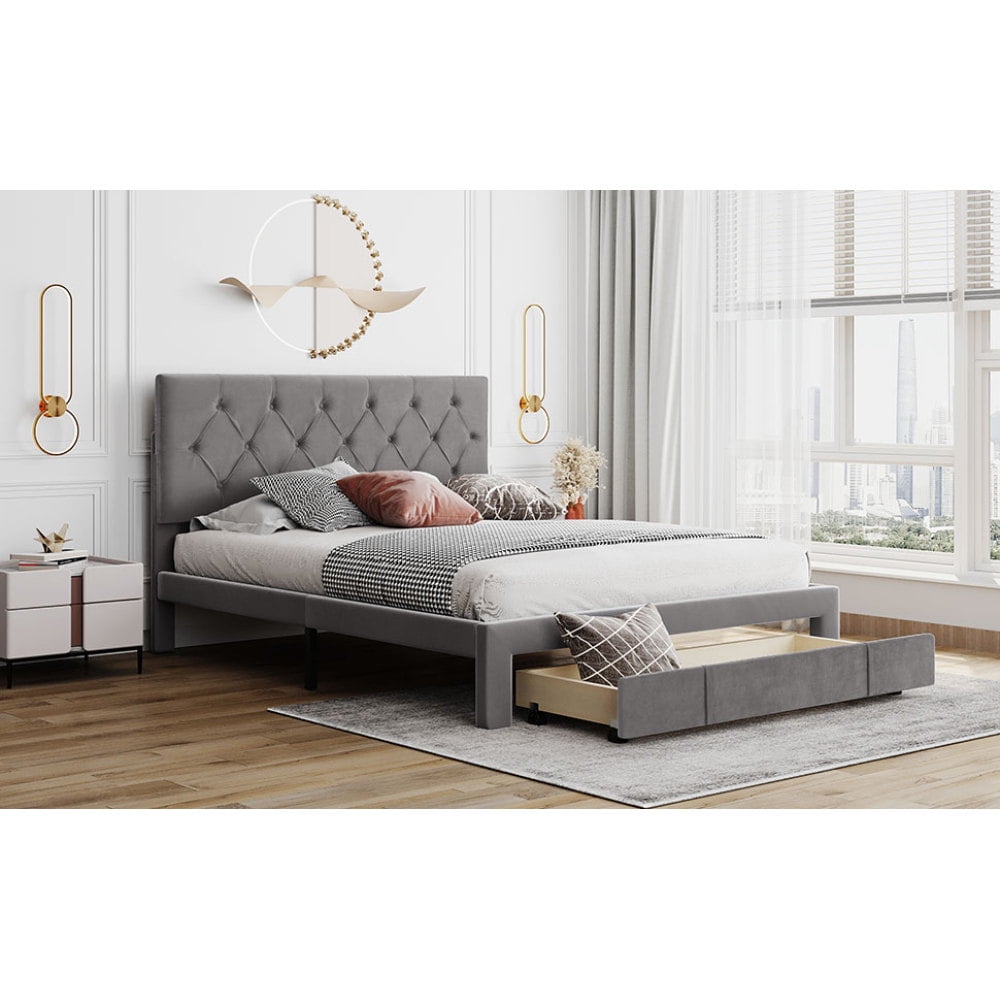 Tcbosik Velvet Storage Bed Queen Size Upholstered Platform Bed with a ...