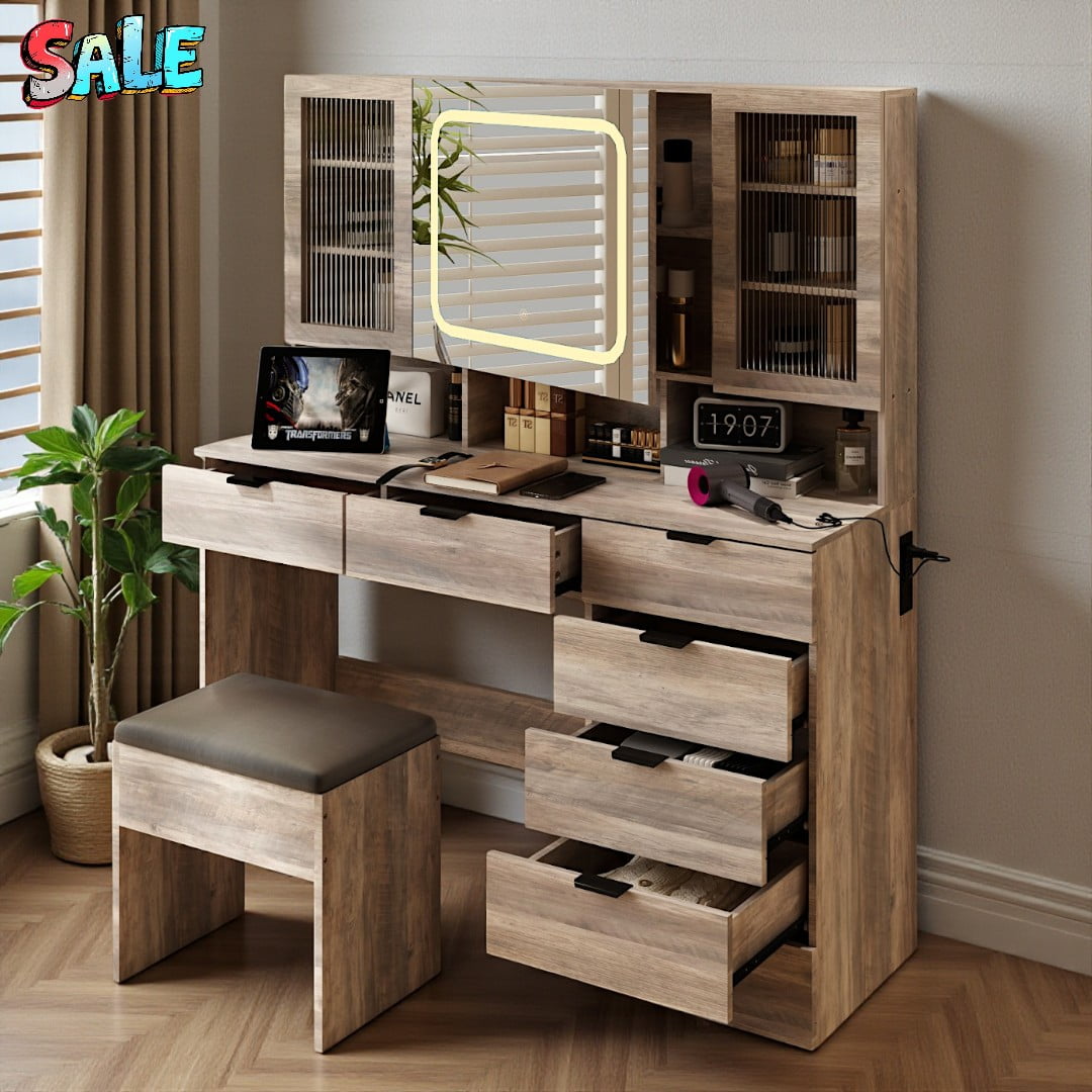 Tcbosik Vintage Dressing Desk with Lighted Mirror, 47" Makeup Vanity ...