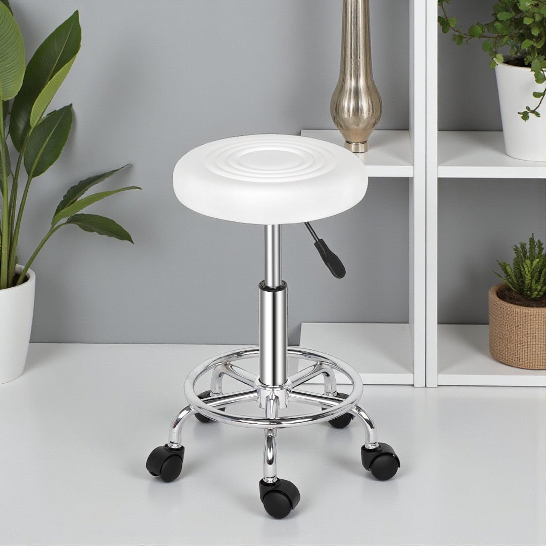 Tcbosik White PU Leather Rolling Stools on Wheels, Modern Backless ...
