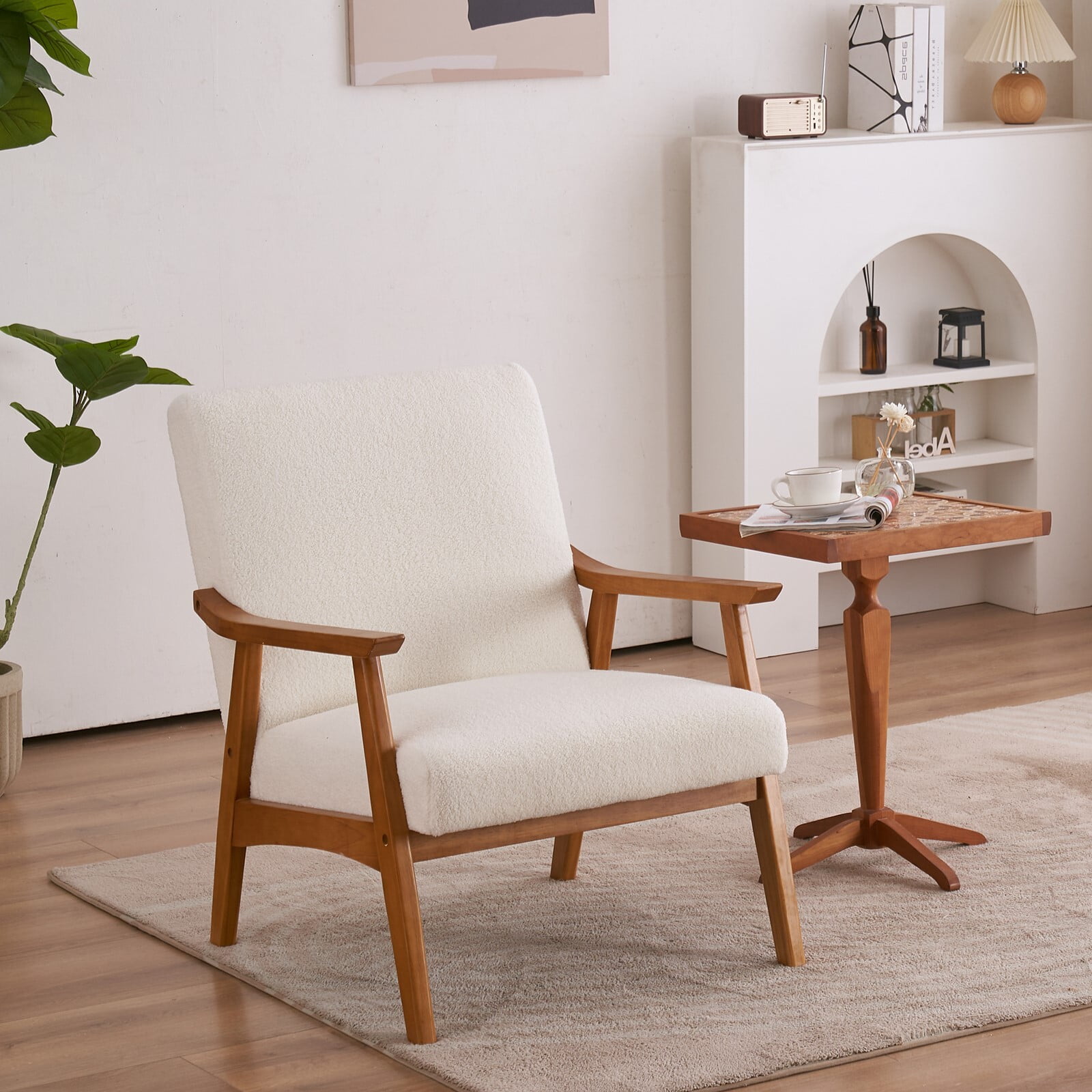 Tcbosik Wooden Armchair Teddy Velvet Lounge Chair Backrest Seat, White ...