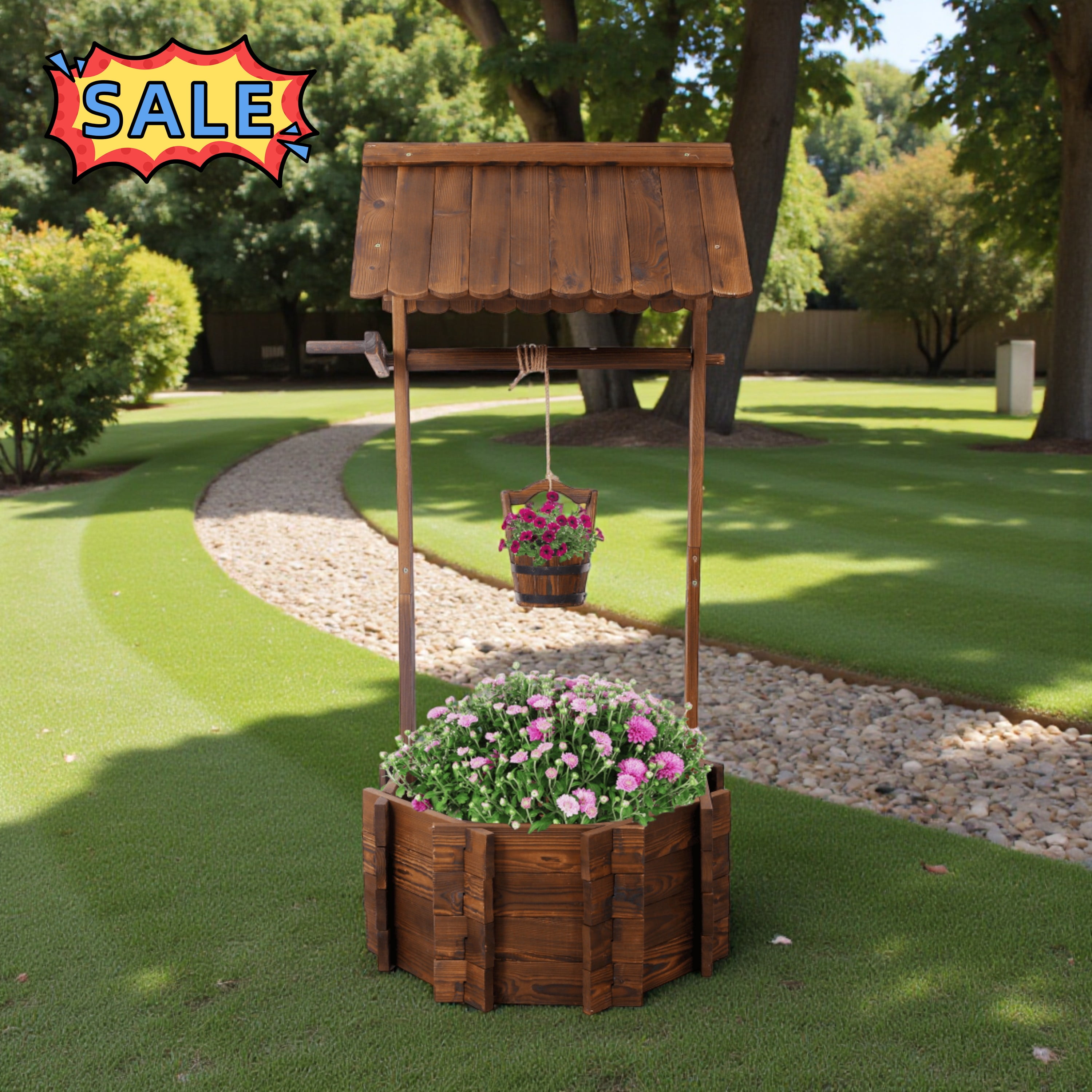 Tcbosik Wooden Wishing Well Planter, Rustic Flower Pot Stand, Outdoor ...