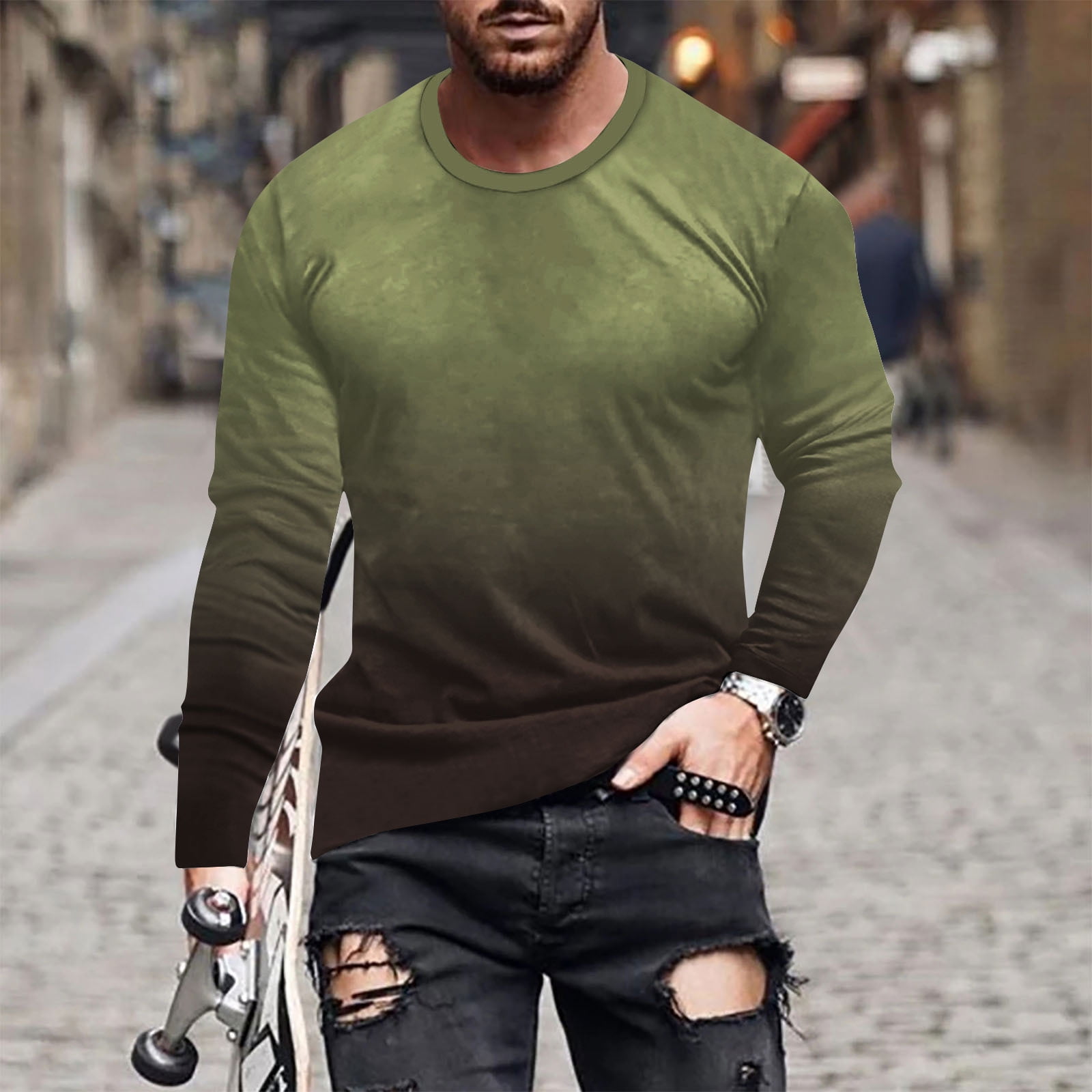 Tdoqot Mens Long Sleeve Shirts- Fall Casual Gradient Trendy Crewneck T ...