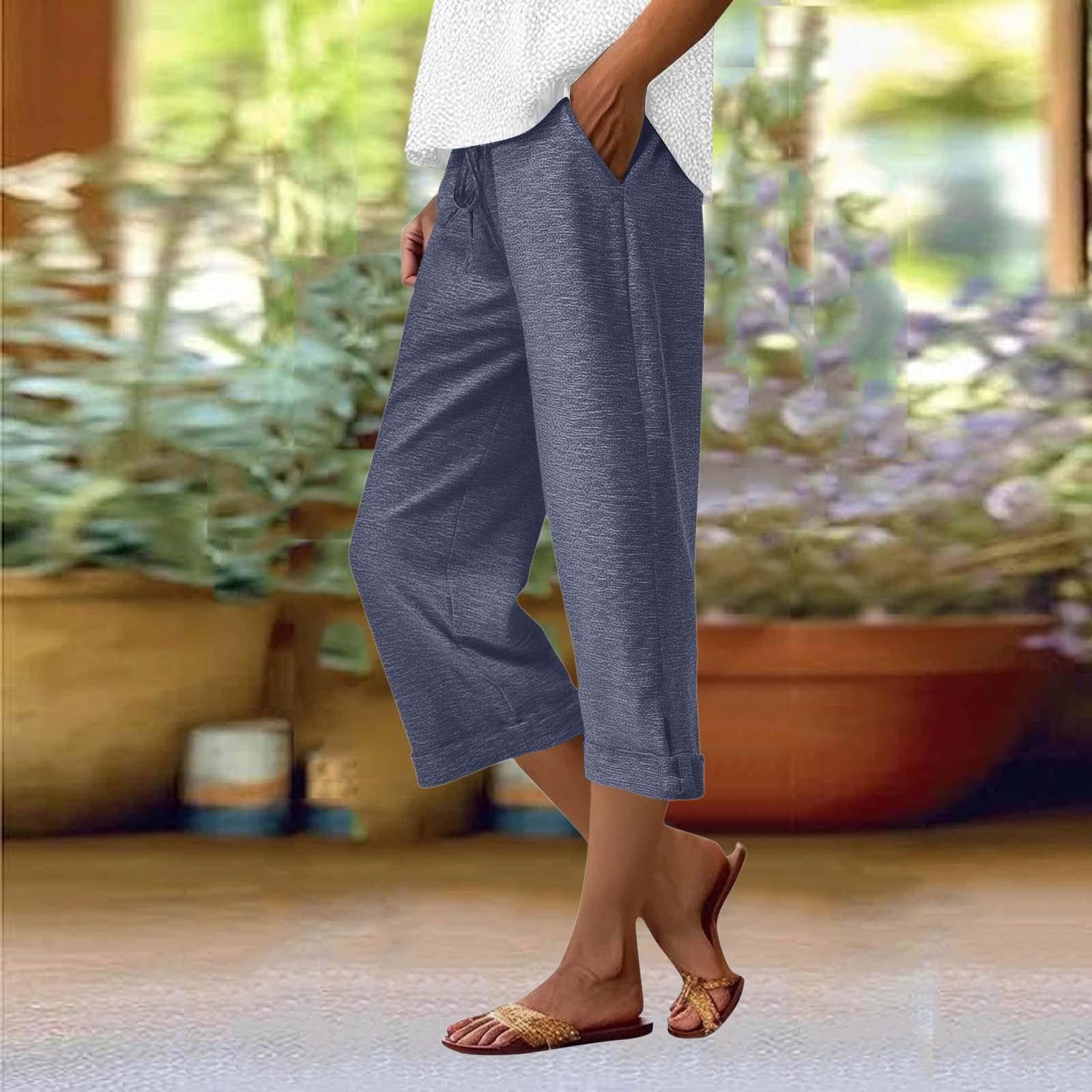 Tdoqot Womens Cotton Capris with Pockets- Casual Elastic Waist ...