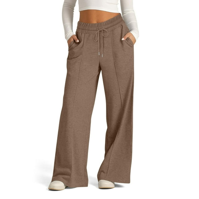 Tdoqot Womens Sweatpants with Pockets- Baggy Casual Drawstring High Waisted Wide Leg Pants Brown ...