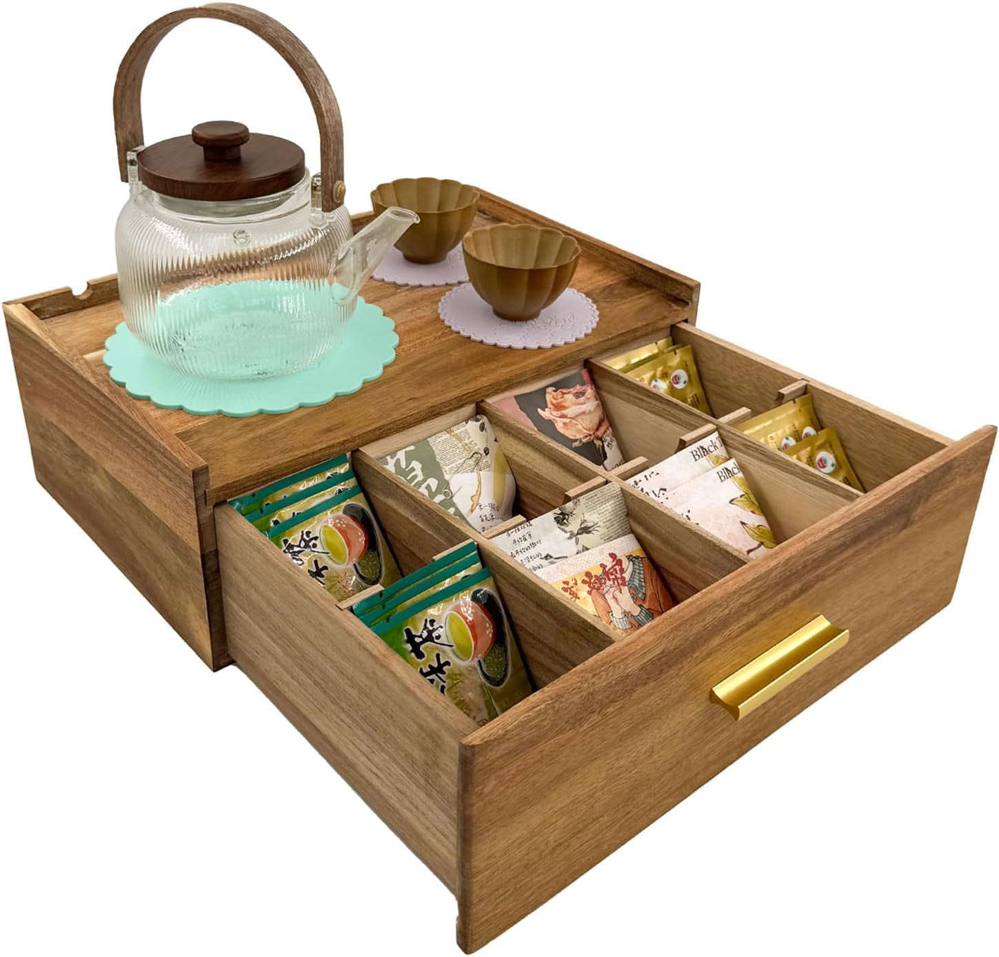 Tea Bag Organizer, Acacia Wood Tea Caddy Storage, Tea Station Chest for ...