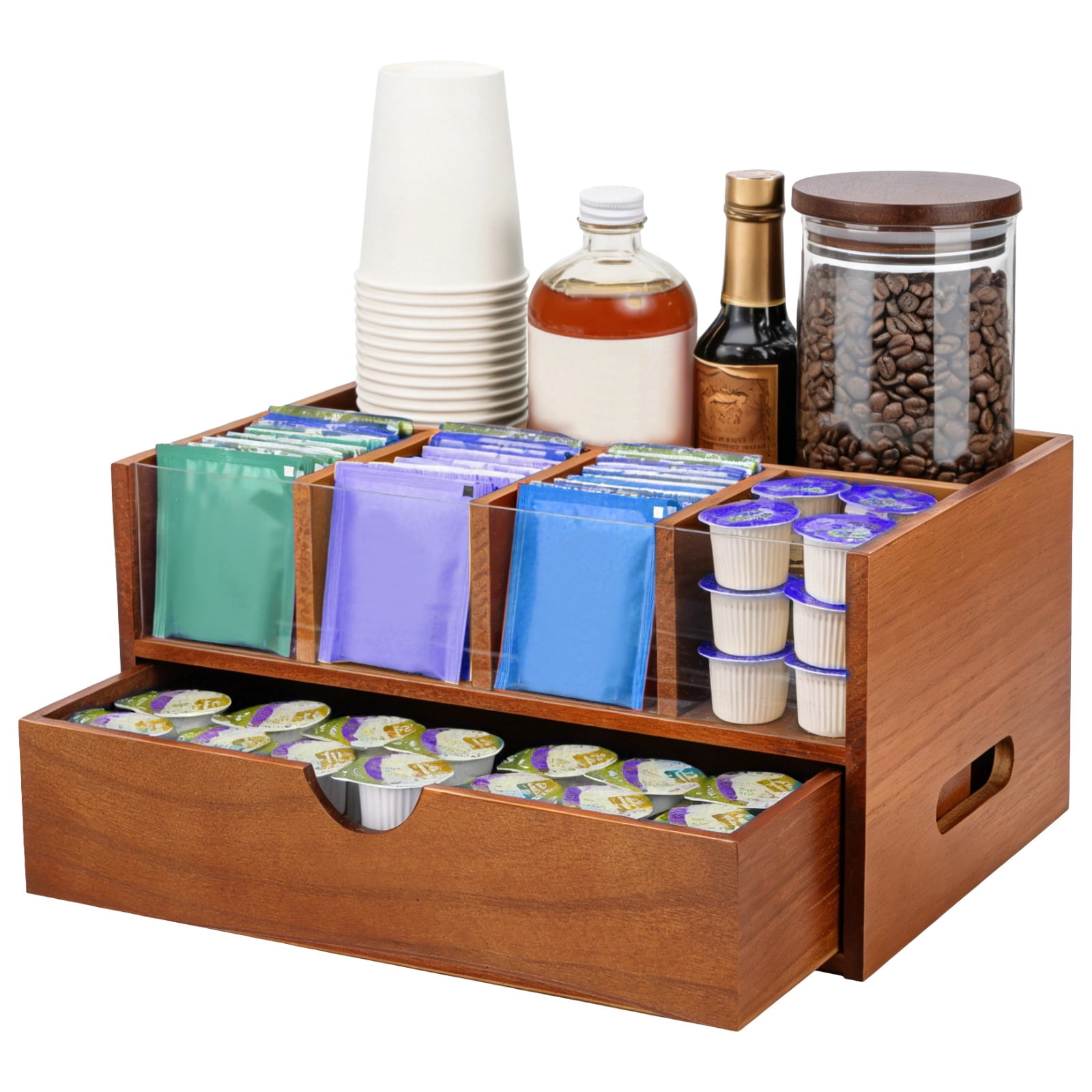Tea Bag Organizer with Drawer, Wooden Tea Box Organizer with Clear ...