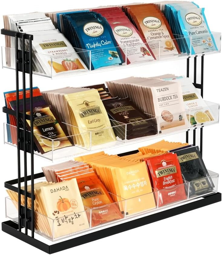 Tea Bag Organizer Steel and Acrylic 3 Tier, 15 Compartment Tea Bags ...