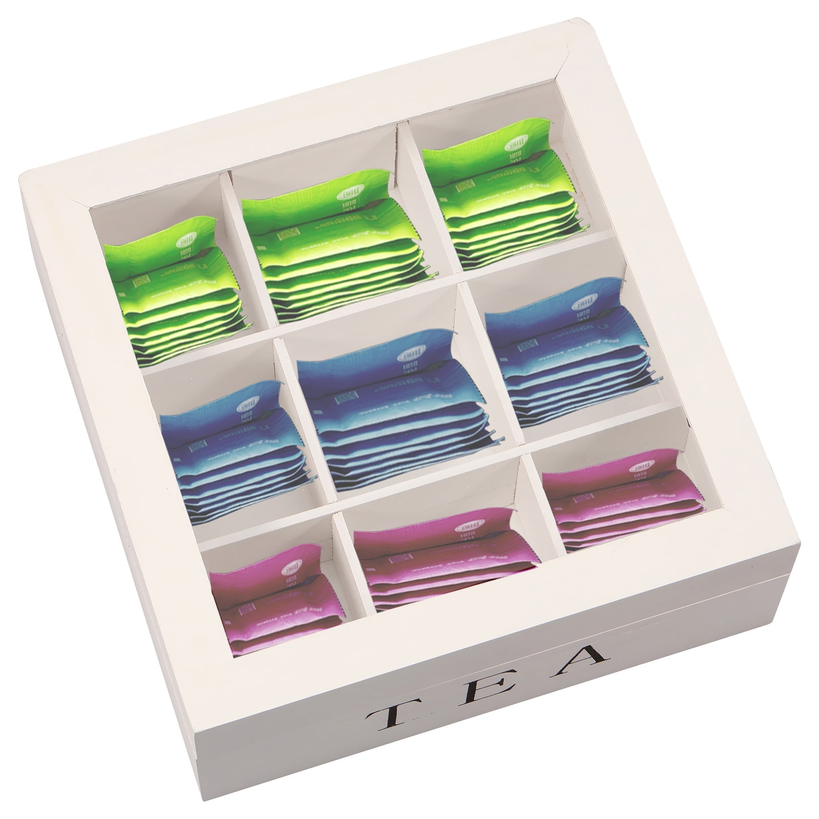 Tea Bag Organizer Wood Tea Bag Holder with Clear Lid 9 Compartments Tea ...