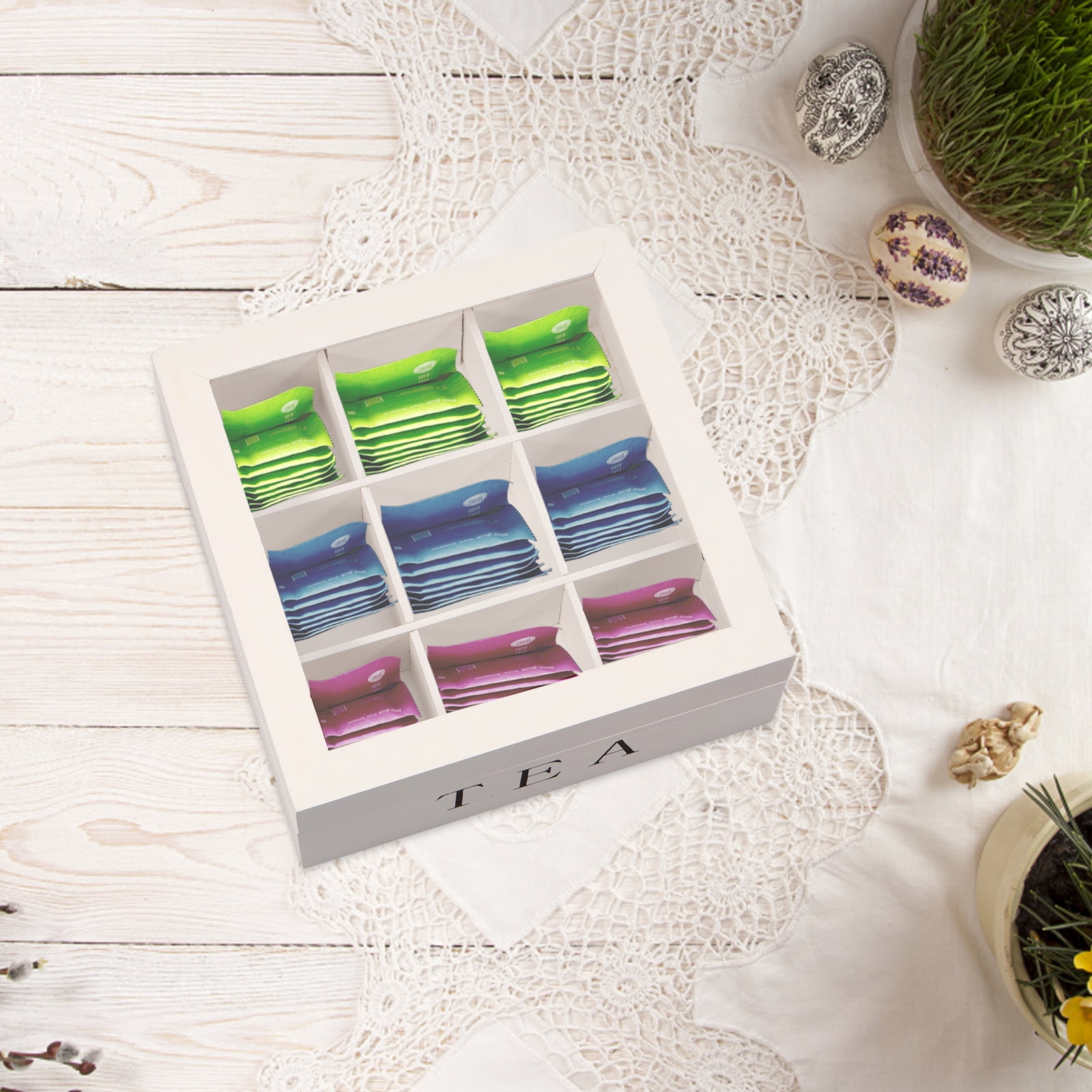 Tea Bag Organizer Wood Tea Bag Holder with Clear Lid 9 Compartments Tea ...
