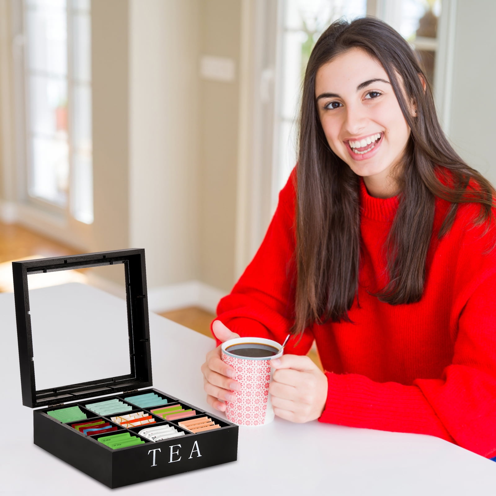 Tea Bag Organizer Wood Tea Bag Holder with Clear Lid 9 Compartments Tea ...