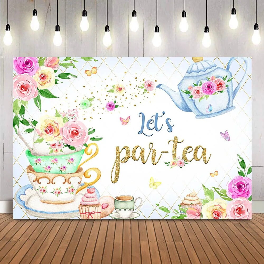 Tea Birthday Party Backdrop Let's Partea Pink Flowers Photo Background ...