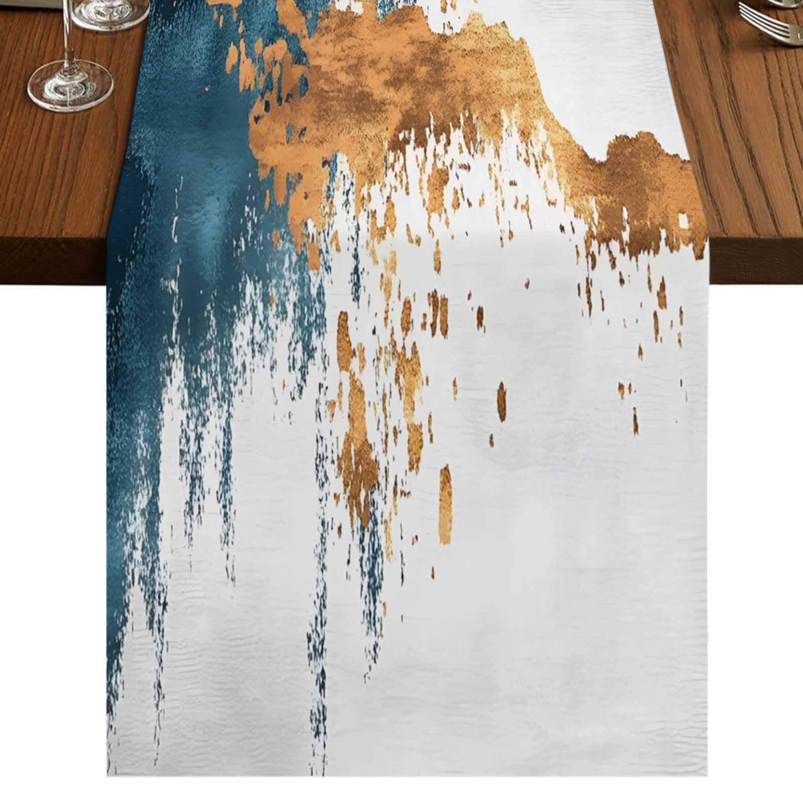 Tea Blue Yellow 60 Inch Table Runner, Modern Abstract Art Aesthetics ...