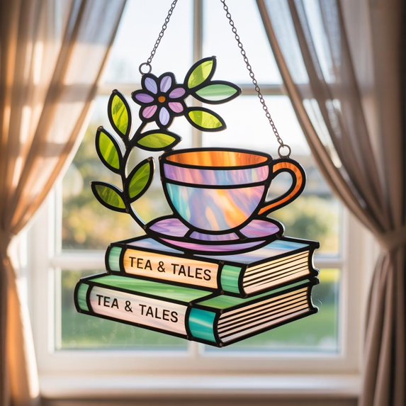 Tea & Books Acrylic Suncatcher Bookish Window Decor, Cozy Reader ...