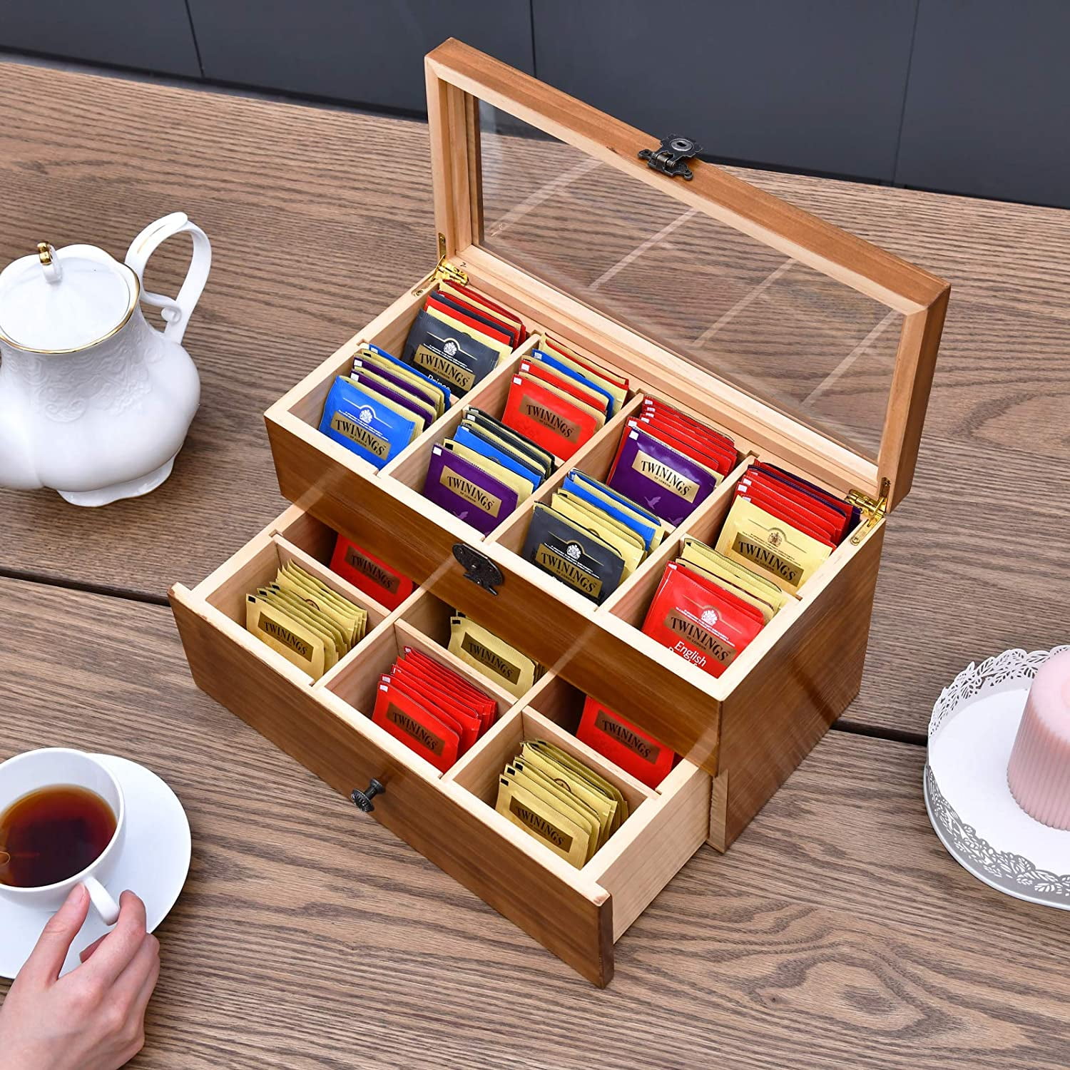 Tea Box for Tea Bags Organizer, Tea Storage Chest with Clear Acrylic ...