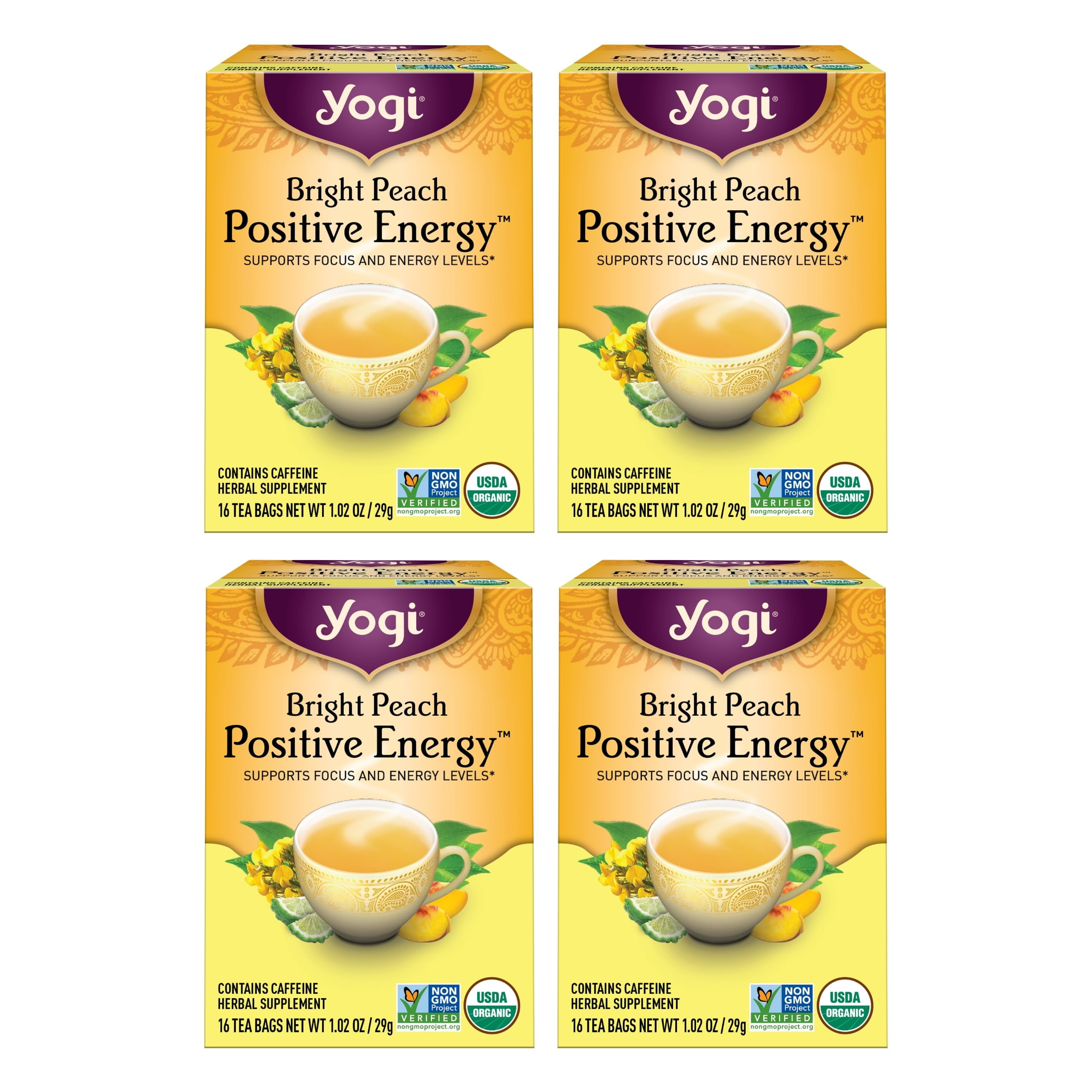 Tea Bright Peach Positive Energy Tea - 16 Tea Bags per Pack (4 Packs ...
