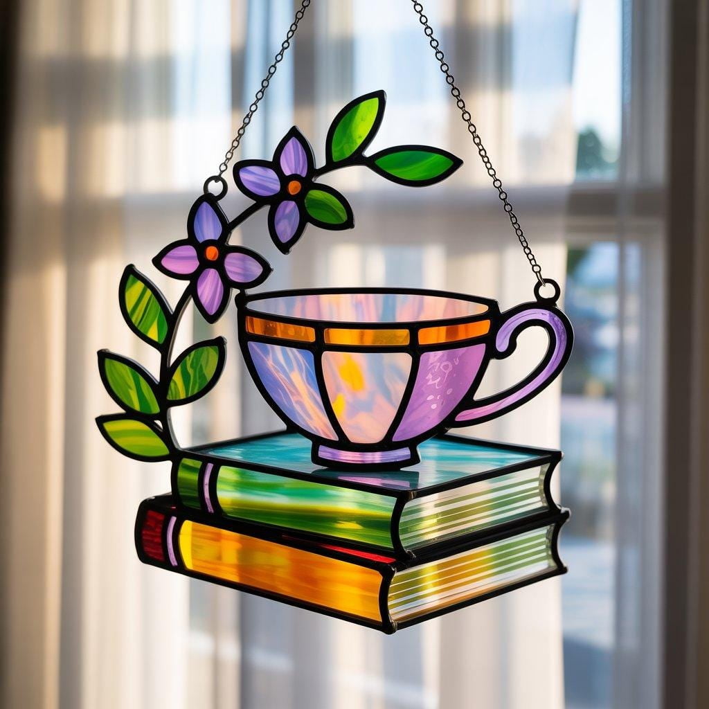 Tea Cup & Books Acrylic Suncatcher Book Lover Stained-Glass Style ...