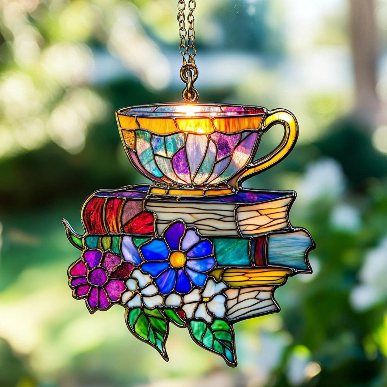 Tea Cup & Books Acrylic Suncatcher – Floral Faux Stained Glass Window ...