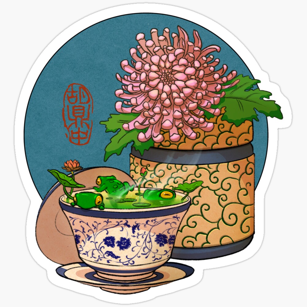 Tea Cup Chrysanthemum Flower Frog Blue Bg Stickerphone Decal Water ...