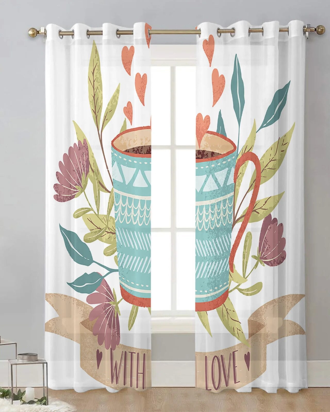 Tea Cup Flower Leaf Love Coffee Voile Hanging Curtain Living Room Sheer ...