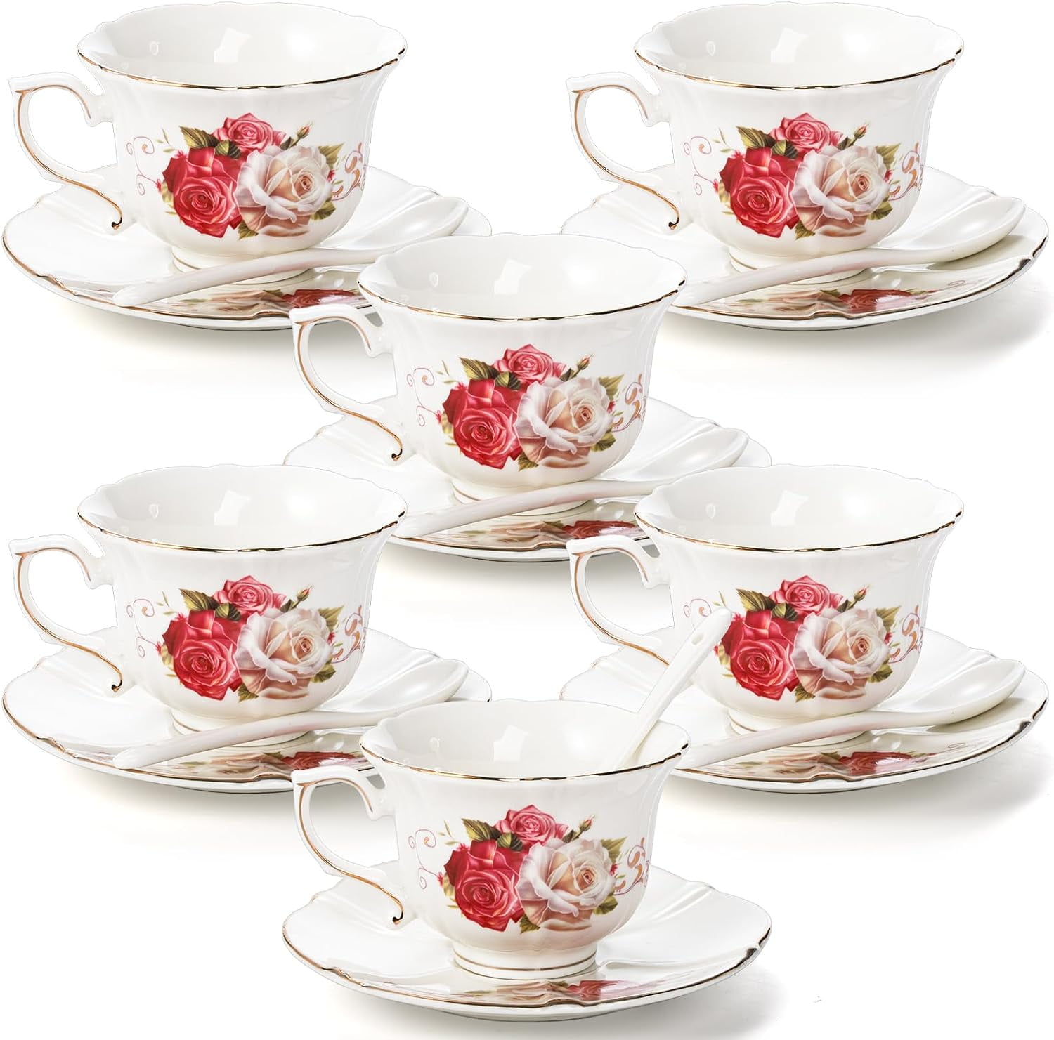 Tea Cup and Saucer Set of 6, Porcelain Ivory Rose Tea Cups with Saucers ...