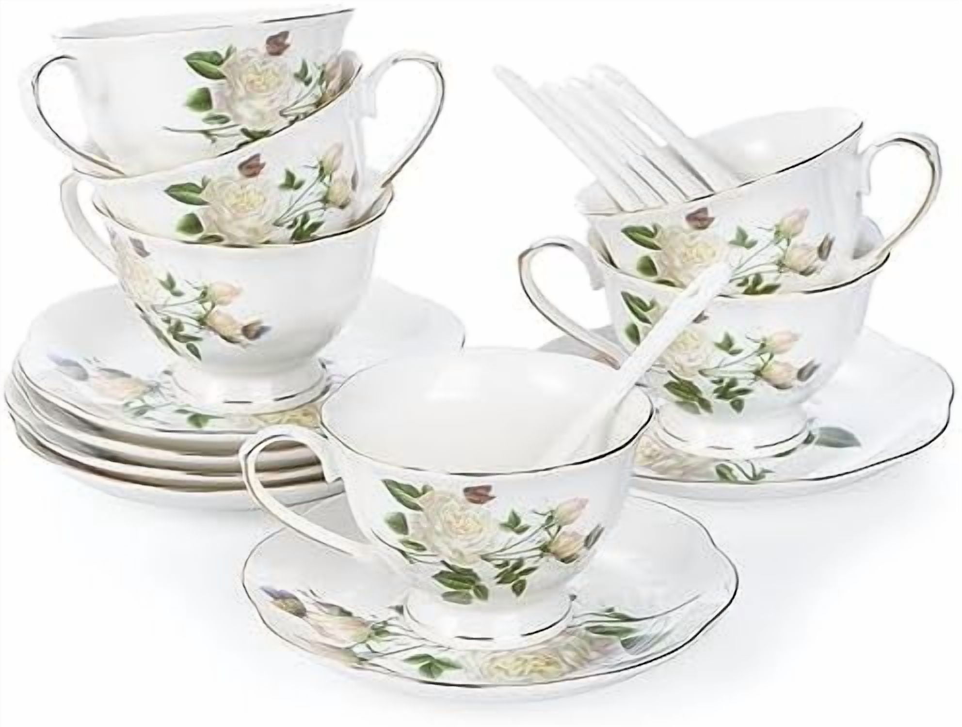 Tea Cup and Saucer Set, Porcelain Ivory Floral Coffee Cups with Saucers ...