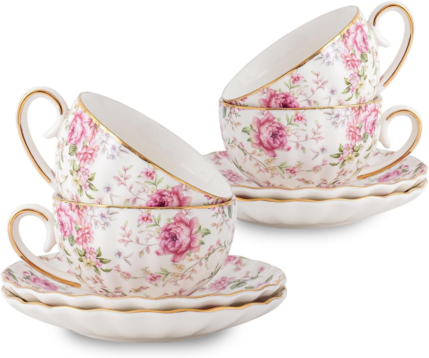Tea Cup and Saucers, 6.4oz Floral Tea Cups with Gold Trim, Porcelain Bone China Teacup, Coffee ...