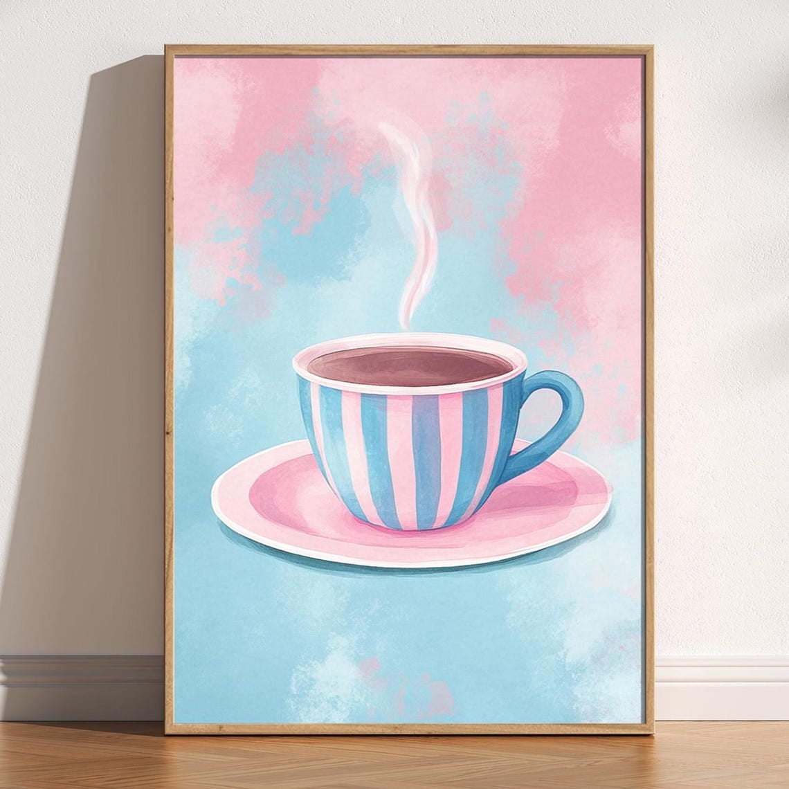 Tea Cup Wall Art, Cute Painterly Kitchen Print, Pink And Blue Striped ...