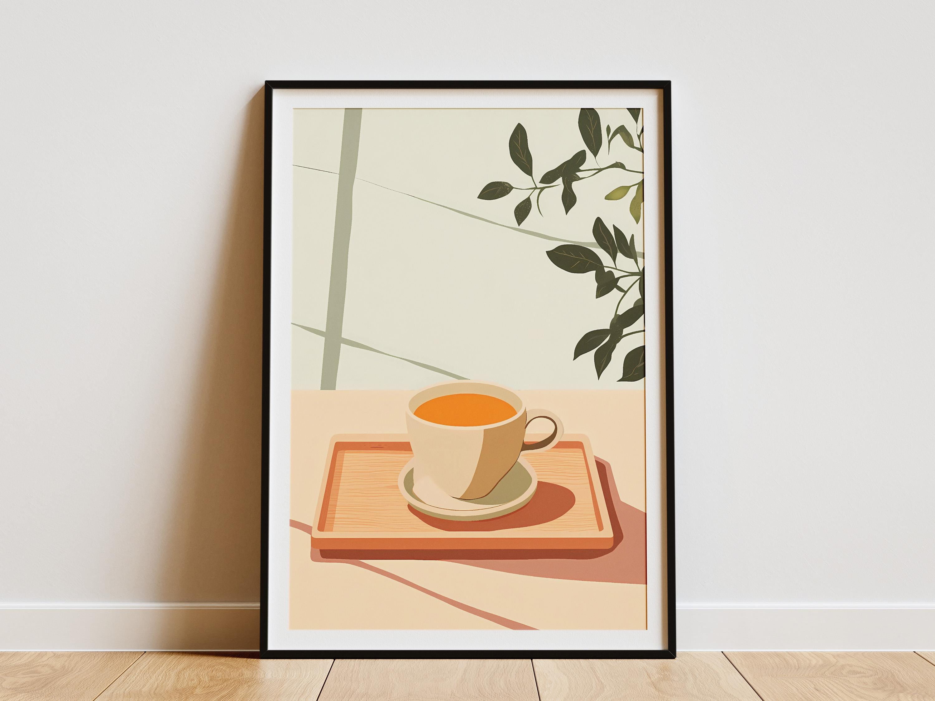 Tea Cup on Wooden Tray Poster Minimalist Tea Art Print Modern Kitchen ...